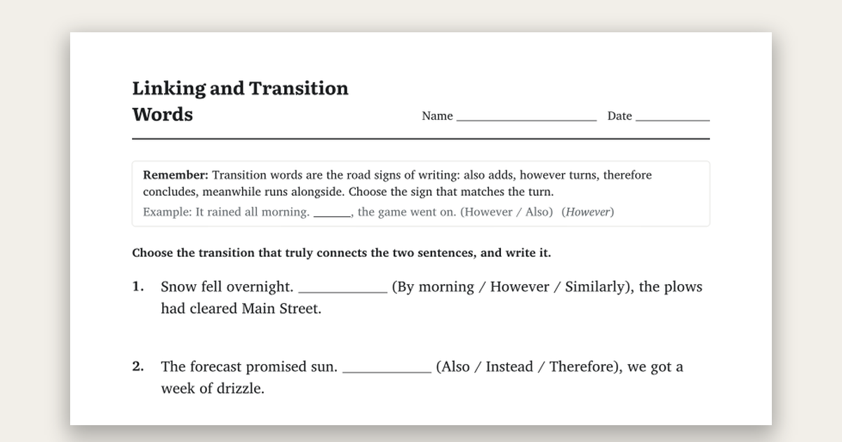 6th grade linking and transition words worksheets – free PDF